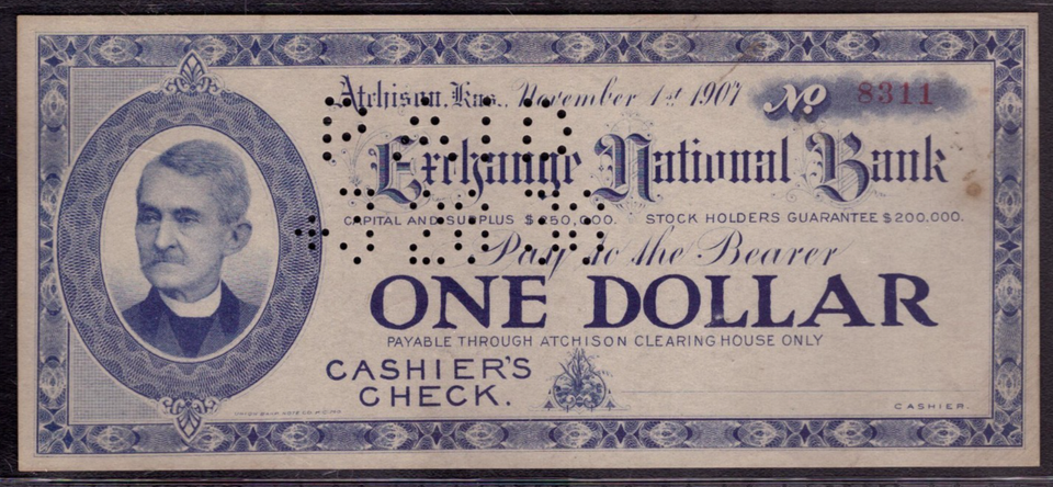 1907 $1 EXCHANGE NATIONAL BANK ATCHISON KANSAS OBSOLETE PANIC SCRIP ...