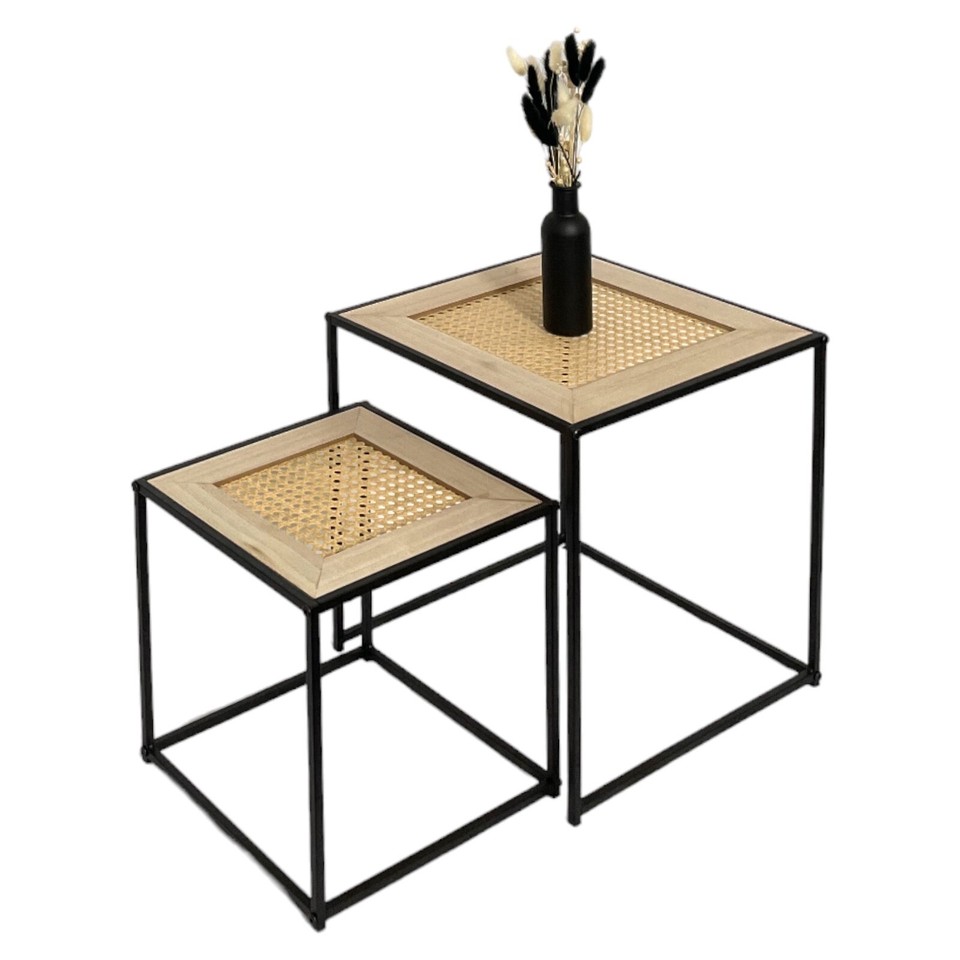 Set of 2 Coffee Table Cane Details Top Nest Of 2 Tables with Black ...