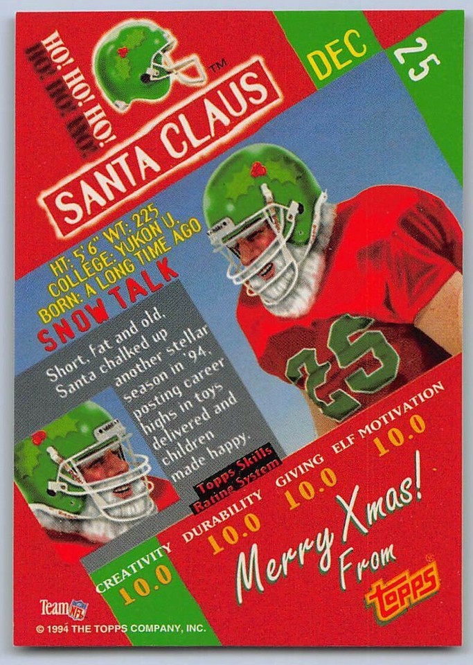 SANTA CLAUS 1994 TOPPS COMPANY Season's Greetings - NFL Football Card ...