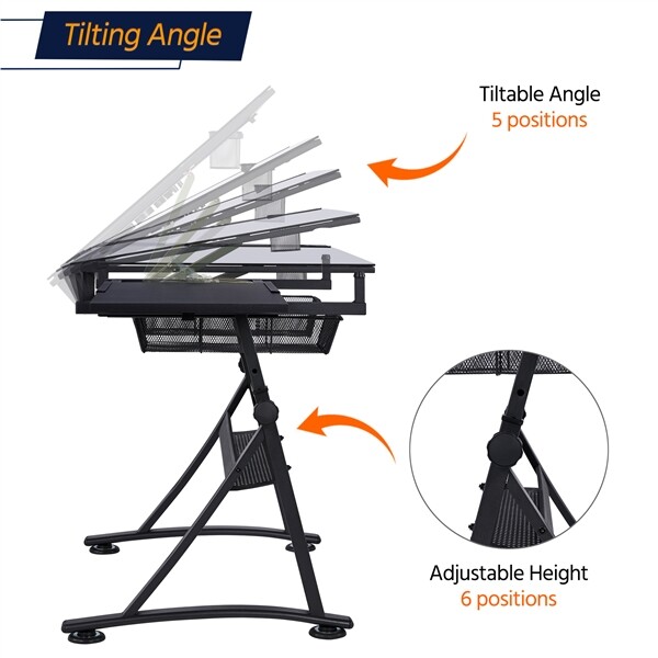 Glass Drafting Table Adjustable Desk, Tilting Drawing Table w/ Stool 2 ...
