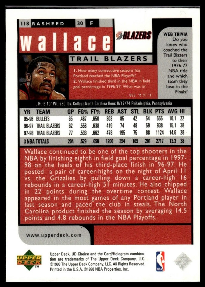 1998-99 UD Choice Preview #118 Rasheed Wallace | eBay