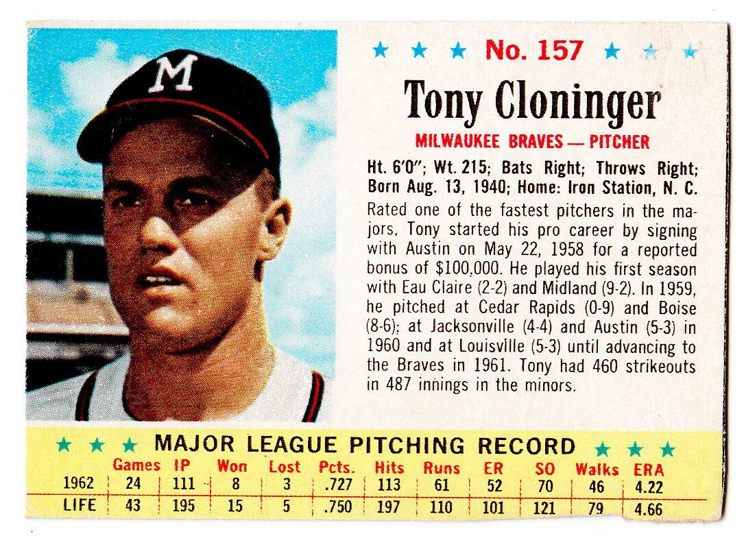 1963 POST #157 TONY CLONINGER Milwaukee Braves Baseball Card | eBay