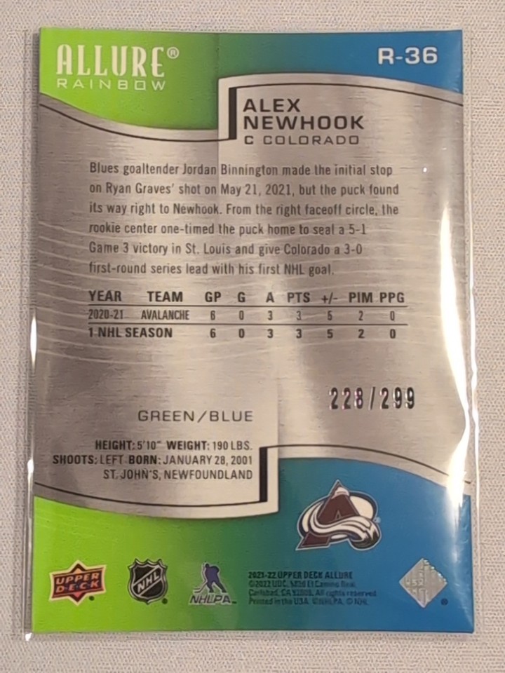 Alex Newhook #R-36 2021-22 Allure Rookie 228/299 Green/Blue Parallel ...