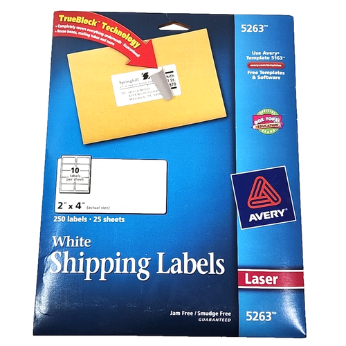 Avery White Shipping Labels 5263 Trueblock Tech 2"x4" Laser 250 Pack New Sealed 72782052638| eBay