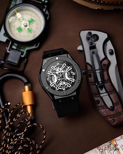 Parlent Watch Boston Black Men's Analogue Automatic Watch Rubber Strap ...