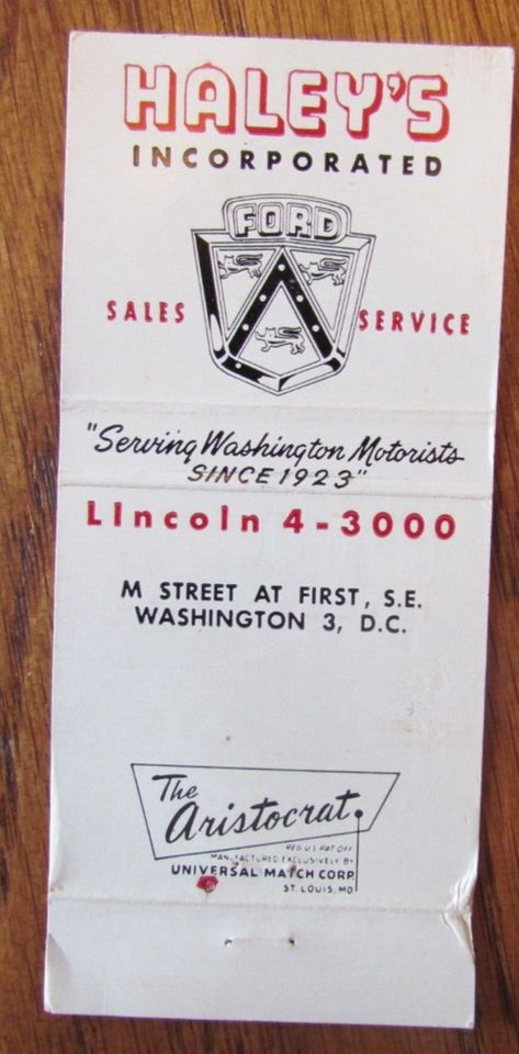 FORD CAR DEALER MATCHBOOK COVER: HALEY'S MOTORS (WASHINGTON, DC ...