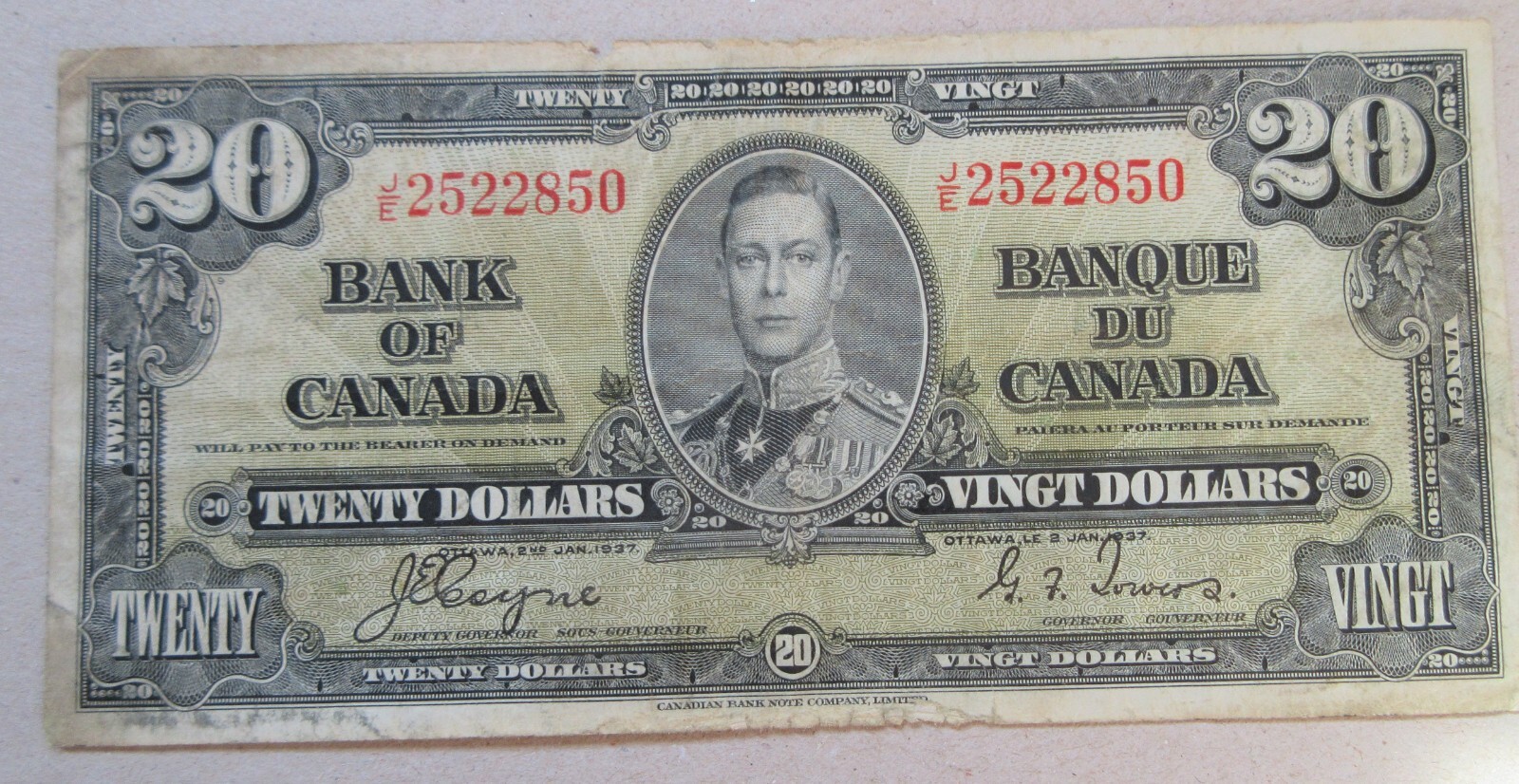 1937 Bank of Canada Twenty Dollar $20 Bill. BETTER GRADE $20 Bank Note ...