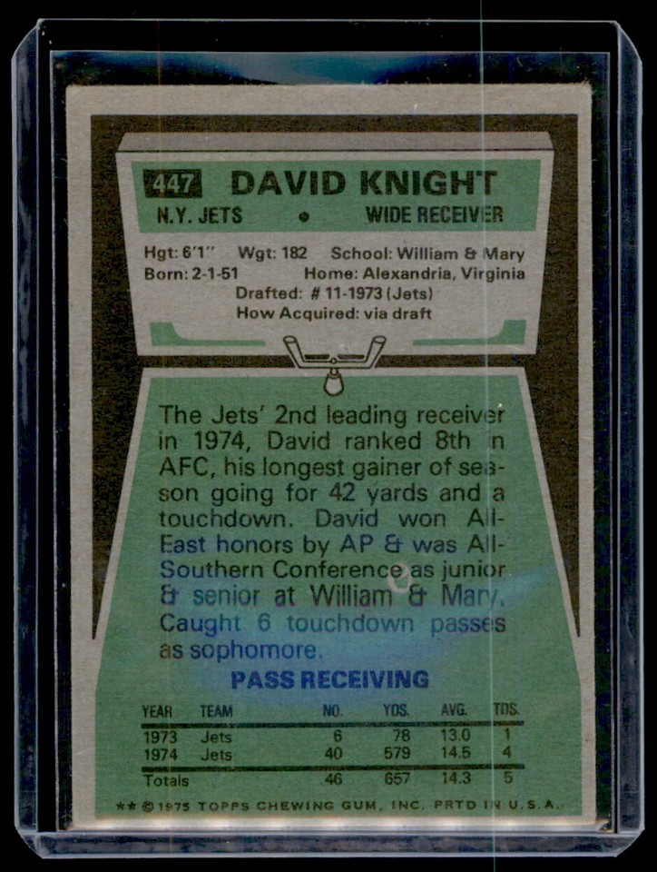 1975 TOPPS DAVID KNIGHT RC NEW YORK JETS #447 | eBay