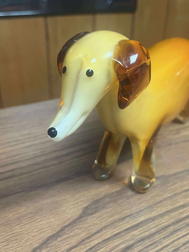 11'' HAND BLOWN GLASS 3.5 LB YELOOW / ORANGE DACHSHUND HOUND DOG ART ...