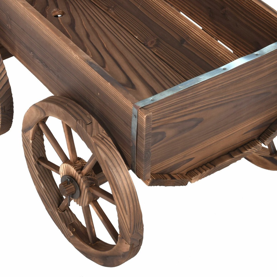 Wood Wagon Flower Planter Pot Stand W/Wheels Home Garden Outdoor Decor ...