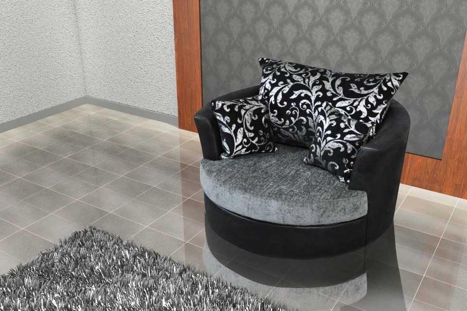 Large Swivel Round Cuddle Chair Chenille Fabric Grey Black Snuggle Love ...