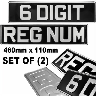 2x 6 Digit 460x110 mm Black and Silver Metal Pressed Number Plates Car ...