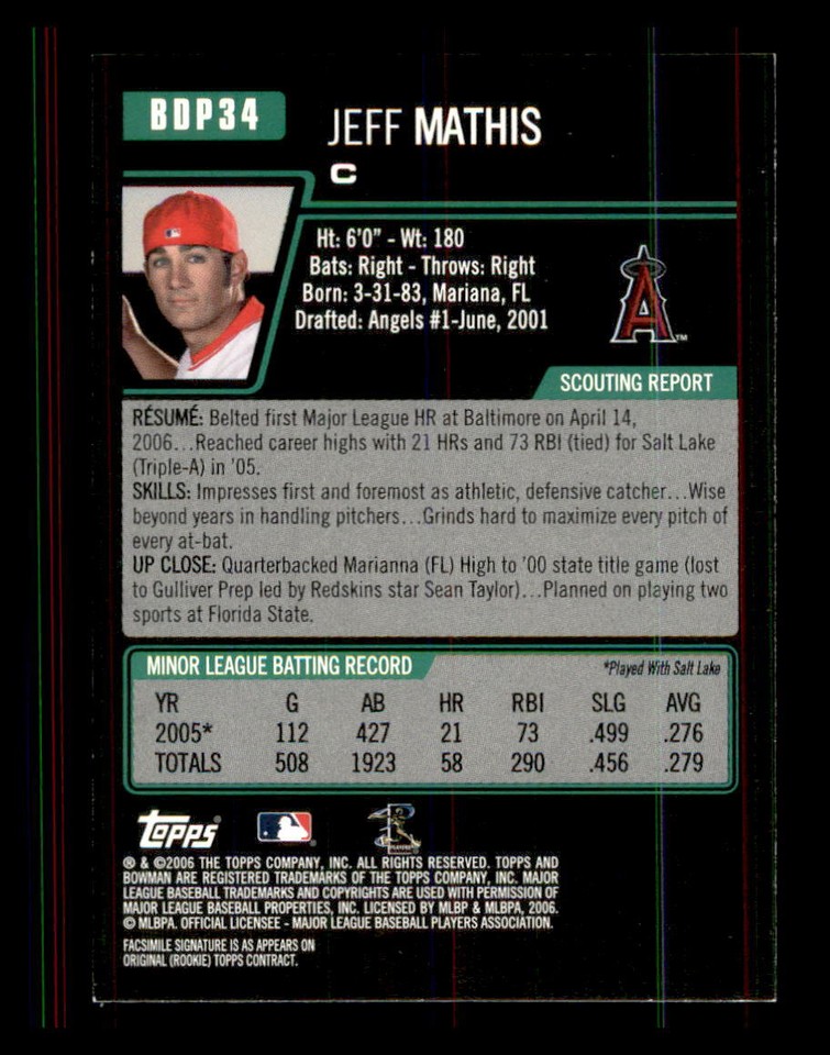 2006 Baseball Bowman Jeff Mathis Los Angeles Angels #BDP34 RC1 | eBay