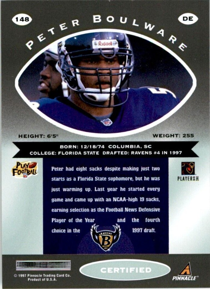 1997 Pinnacle Certified w/ Peel Off Peter Boulware . Baltimore Ravens ...