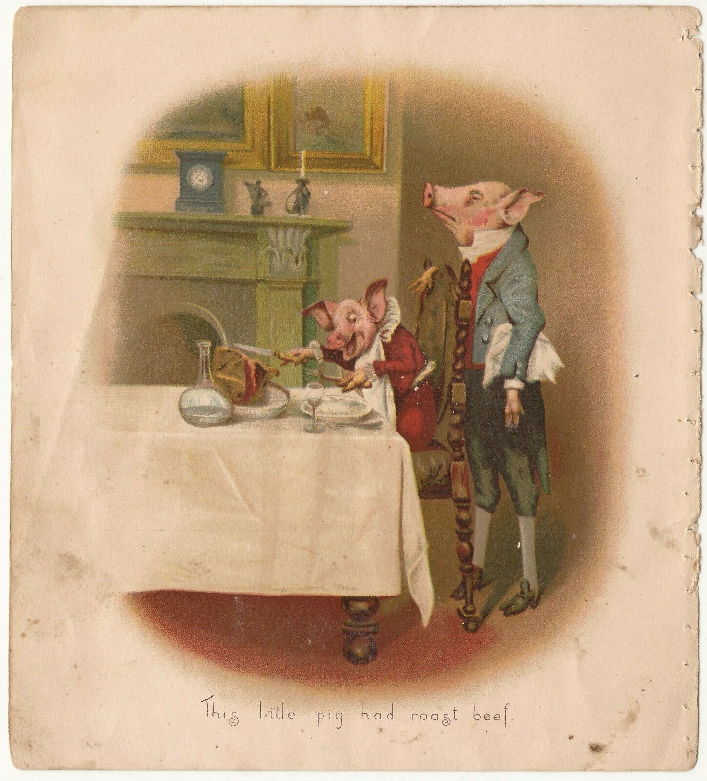 1890 "THIS LITTLE PIGGY" LITHO ILLUSTRATION, W. WEEKES ANTHRO PIG ROAST ...