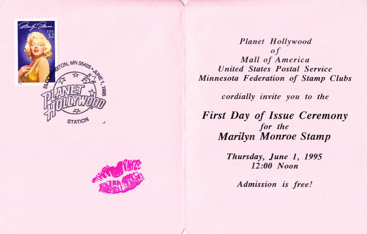 USPS Planet Hollywood Uo 1st Day Ceremony Invitation #2967 Marilyn 1995 ...