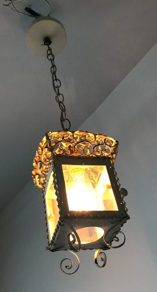 VTG Metal Shabby Twisted Scroll Glass Hanging Ceiling Light Fixture Old ...