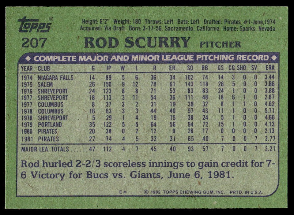 1982 Topps 207 Rod Scurry Pittsburgh Pirates Baseball Card | eBay