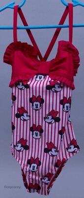 Disney Mickey Mouse Red Striped One Piece Bathing Suit Swimsuit Size 3 ...