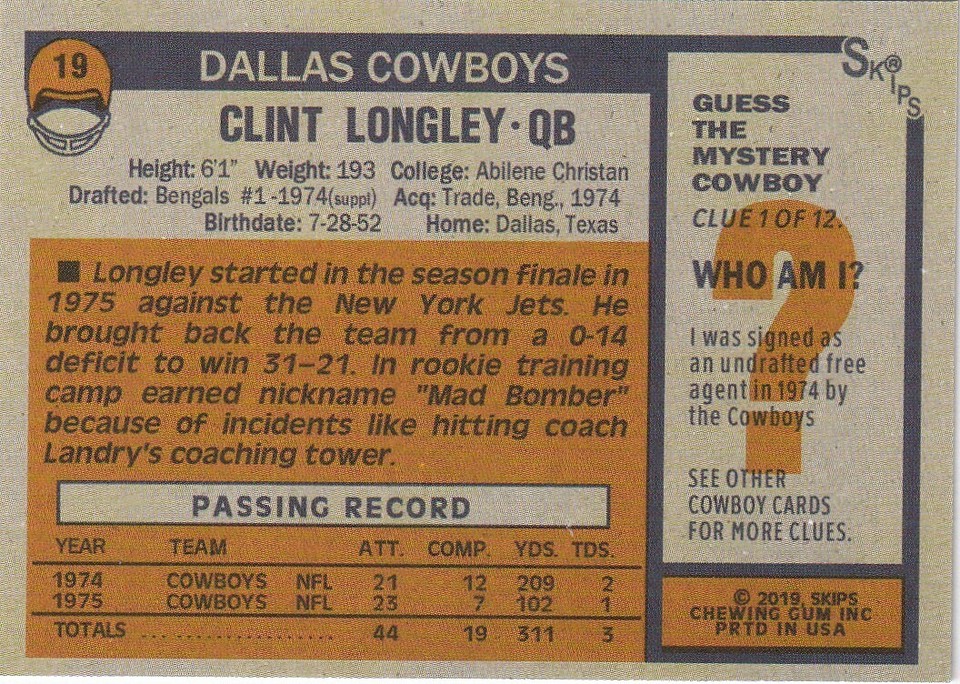 1976 STCC #19 Topps Clint Longley Dallas Cowboys Custom card Mad Bomber ...