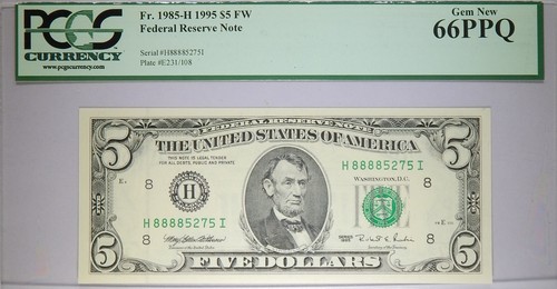 1995 $5 St. Louis PCGS 66PPQ Lucky 8's Fancy Serial Number 88885275 | eBay