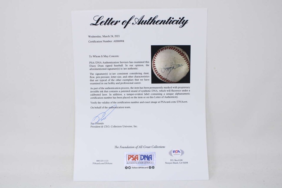 Dizzy Dean PSA/DNA Signed Auto Baseball Cardinals Announcer ID:452938 ...