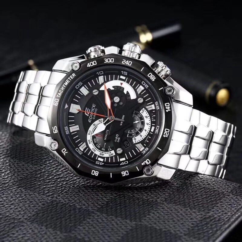 NEW Casio Edifice Men's EF-550D-1AV Black Dial Silver Bracelet Silver ...