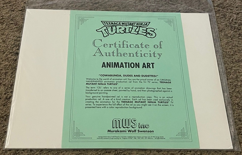 1991 TEENAGE MUTANT NINJA TURTLES Original Animation Art Cartoon Cel ...
