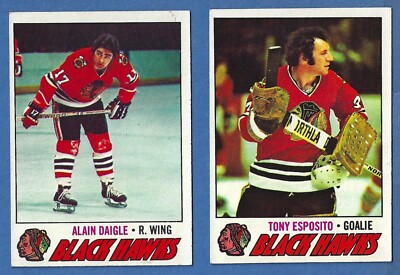2 TOPPS 1977-78 BLACKHAWKS HOCKEY CARDS #170 TONY ESPOSITO #208 ALAIN ...