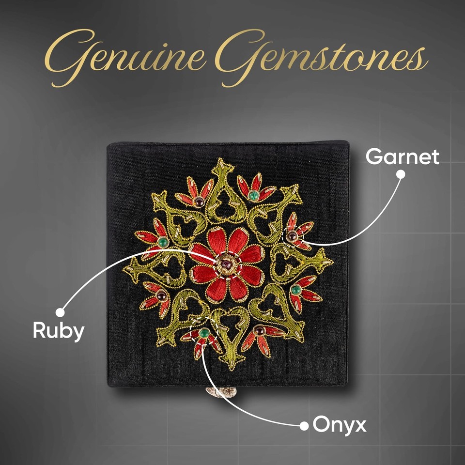 Handmade Embroidered Jewelry Storage Box with Ruby Gemstone, Small ...