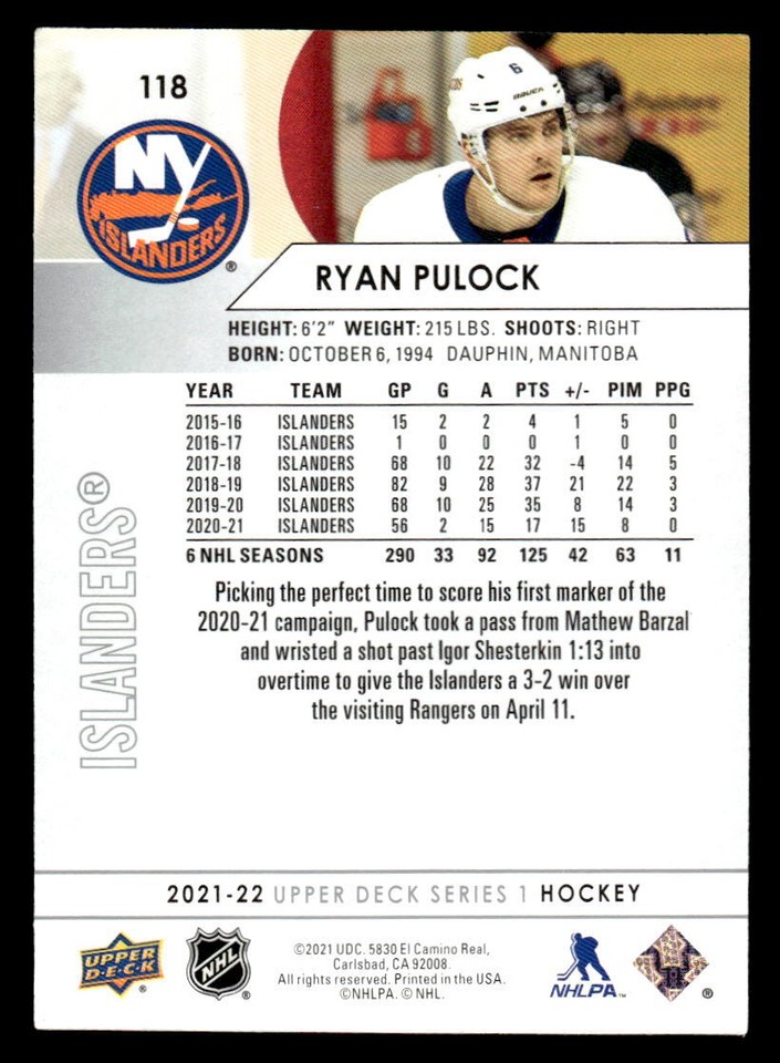 Ryan Pulock 2021 Upper Deck #118 New York Islanders | eBay