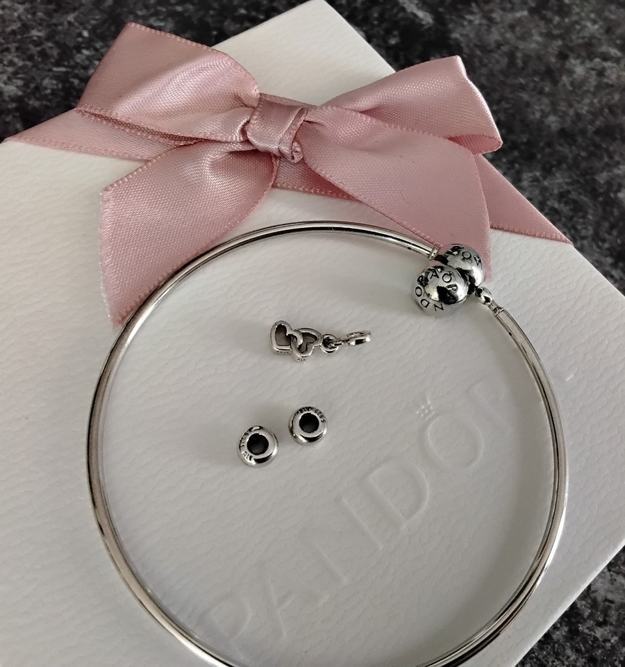 Pandora Silver Essence/ ME . Bangle, Charm 2 Spacers 17 cms Box + Bag ...