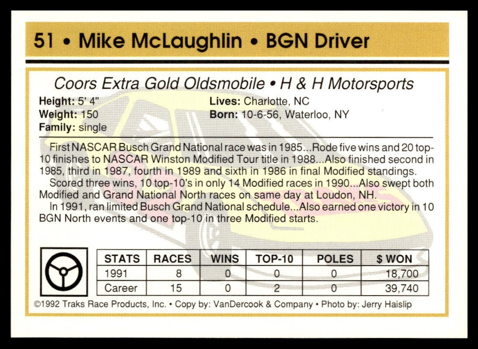 1992 Traks #51 Mike McLaughlin H&H Motorsports 92D | eBay