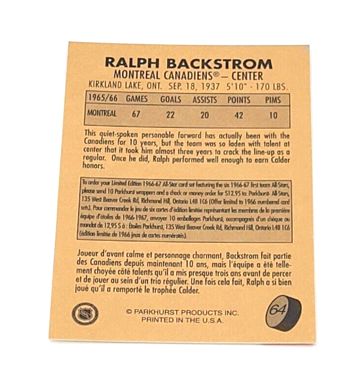 1995-96 Parkhurst Hockey 1966-67 Design Ralph Backstrom Montreal ...