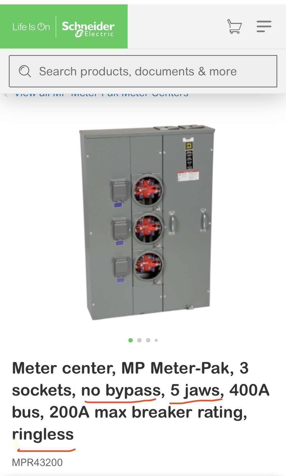 (1) Square D Meter Pack Pak MPR43200 w/3 Gang 200A RINGLESS Meter ...