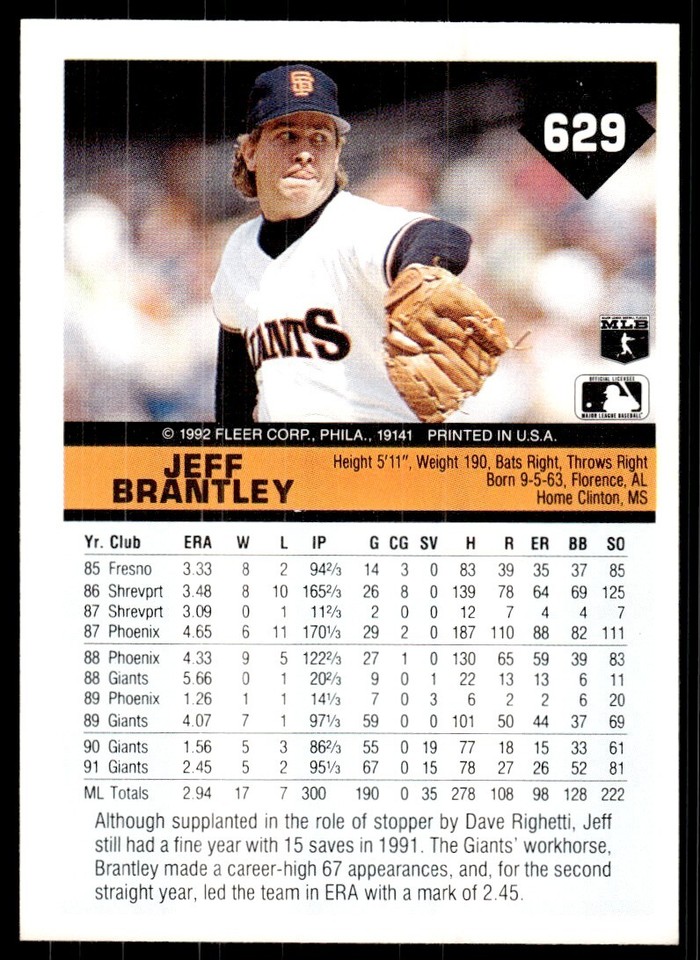 1992 Fleer Baseball Card Jeff Brantley San Francisco Giants #629 | eBay