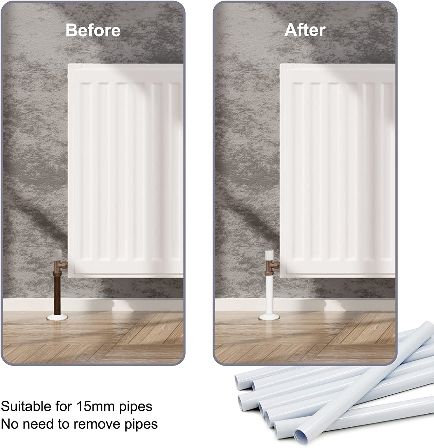 8 White Radiator Pipe Cover Sleeves Shrouds Snap Around Radiator Pipe ...