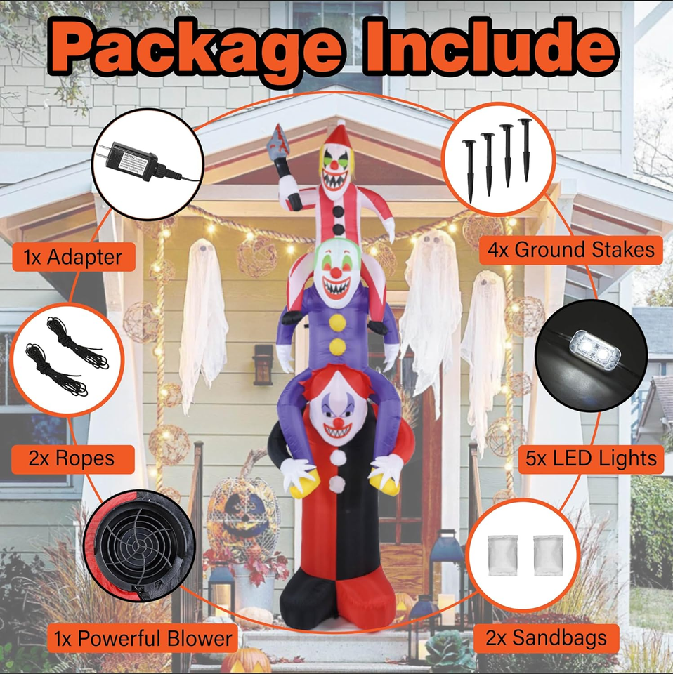 8 Ft Scary Clowns Stack Halloween Inflatables Outdoor Yard Haunted ...
