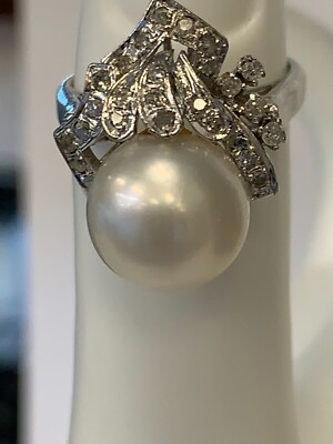 6K diamond GOLD 11MM SOUTH SEA round white PEARL RING ESTATE | eBay
