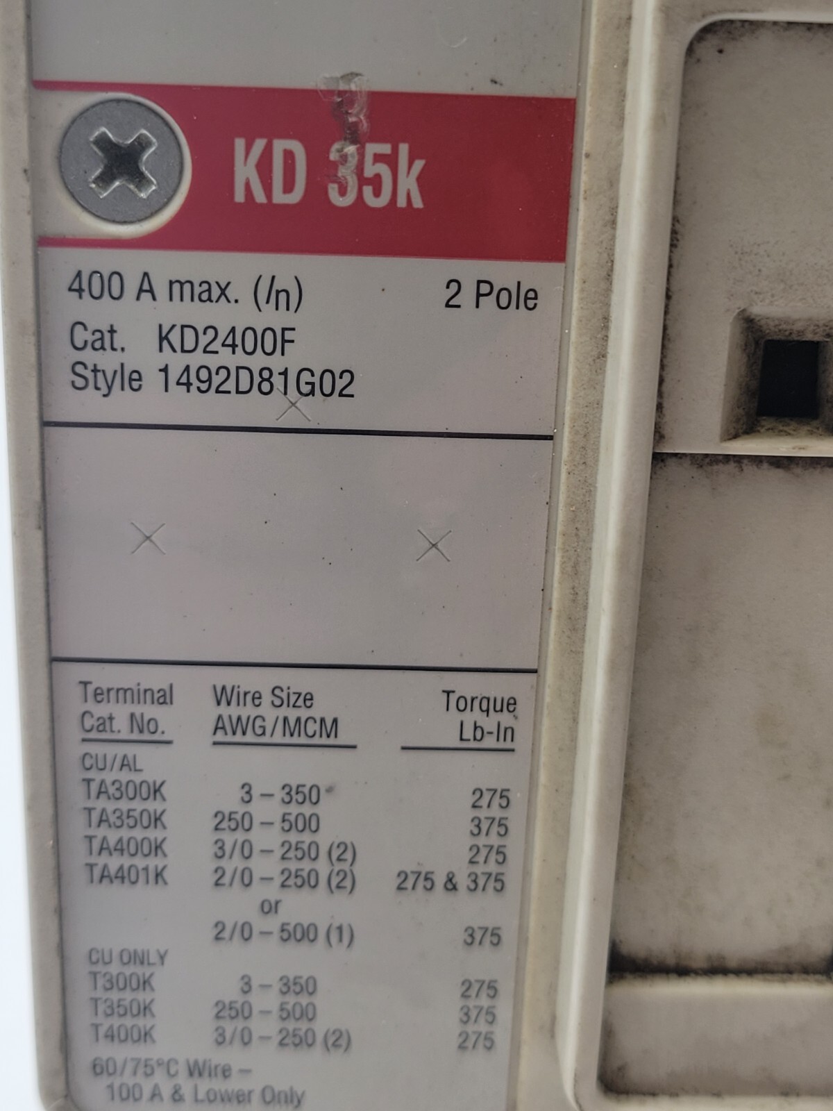 Eaton KD2400F Bolt-On Circuit Breaker 400A 600V 2P 1PH KD 400 AMP2 Pole ...