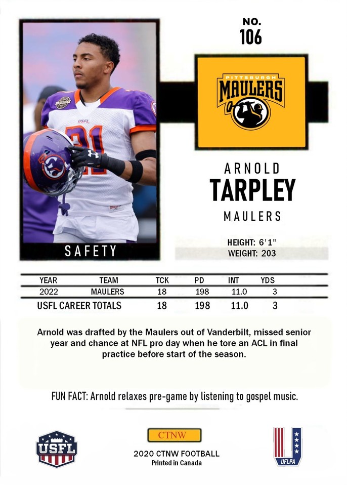 2022 Score USFL Football CTNW #106 Arnold Tarpley Pittsburgh Maulers ...