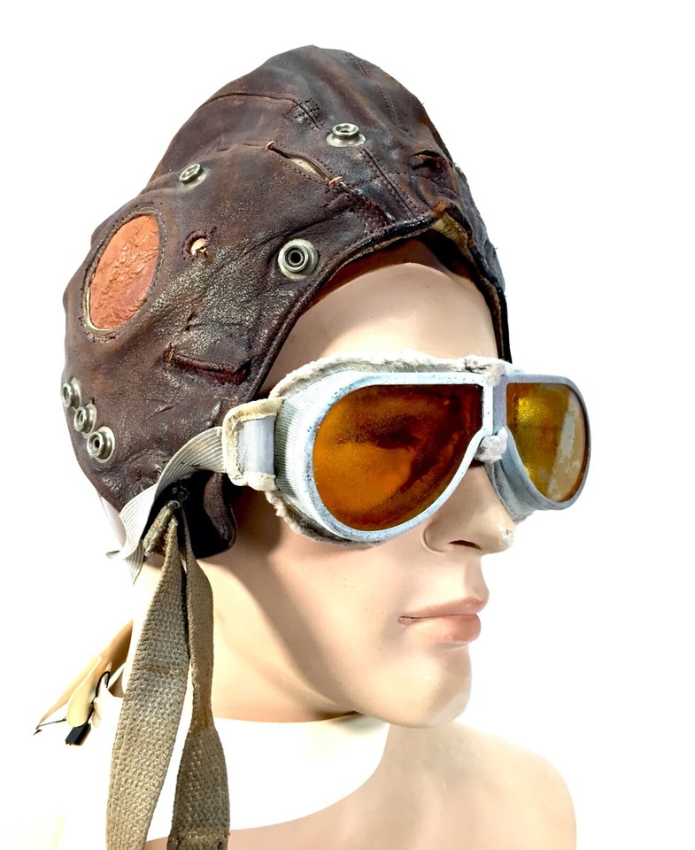 Antique 1940s Brown Leather Flying Cap & Goggles / Car Racing / RAF ...