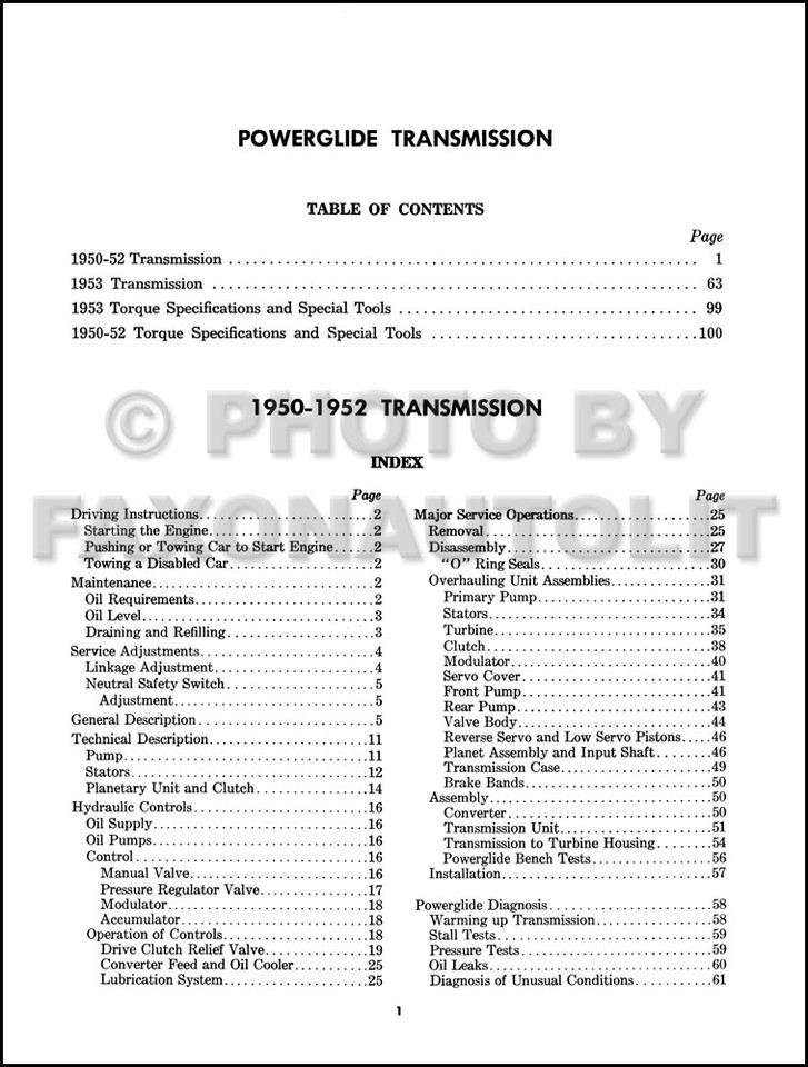 1950-1953 Chevy Pontiac Powerglide Automatic Transmission Manual ...