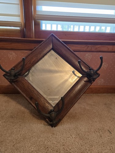 Antique Beveled Glass Oak Wall Tree Mirror Coat Rack With Old Metal | eBay