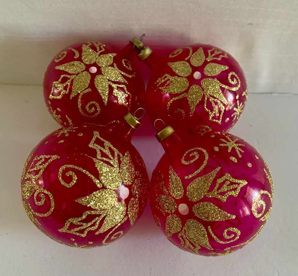 4 Blown Glass Hand Painted Christmas Poinsettia Ornament with Gold ...