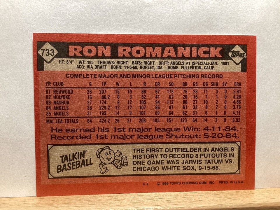 Topps 1986 Baseball Card: Ron Romanick, California Angels - Card #733 ...