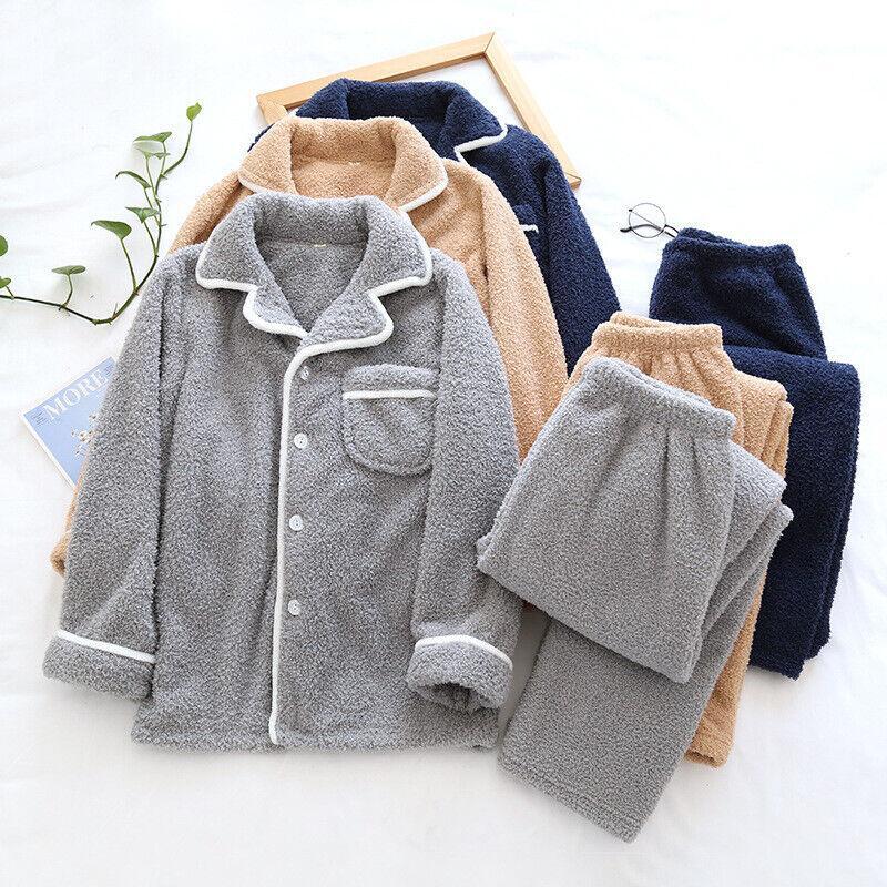 2PC Suit Men's Fleece Blend Sleepwear Long Sleeve Nightwear Thicken V ...