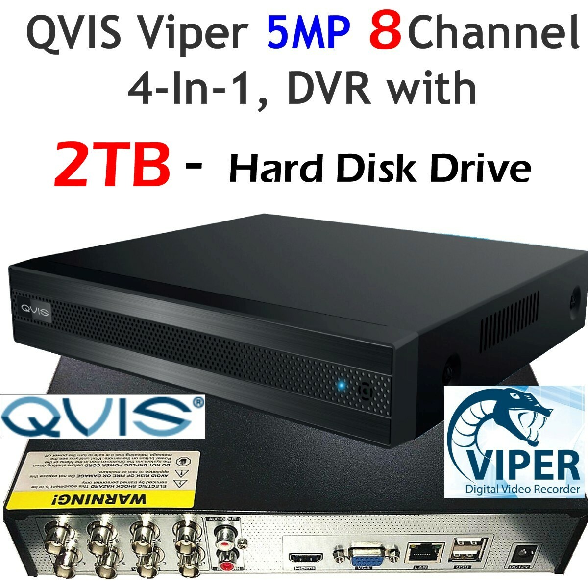 QVIS CCTV Camera DVR 5MP Viper 4/8 Channel 4-In-1 1, 2, and 4 TB HARD ...
