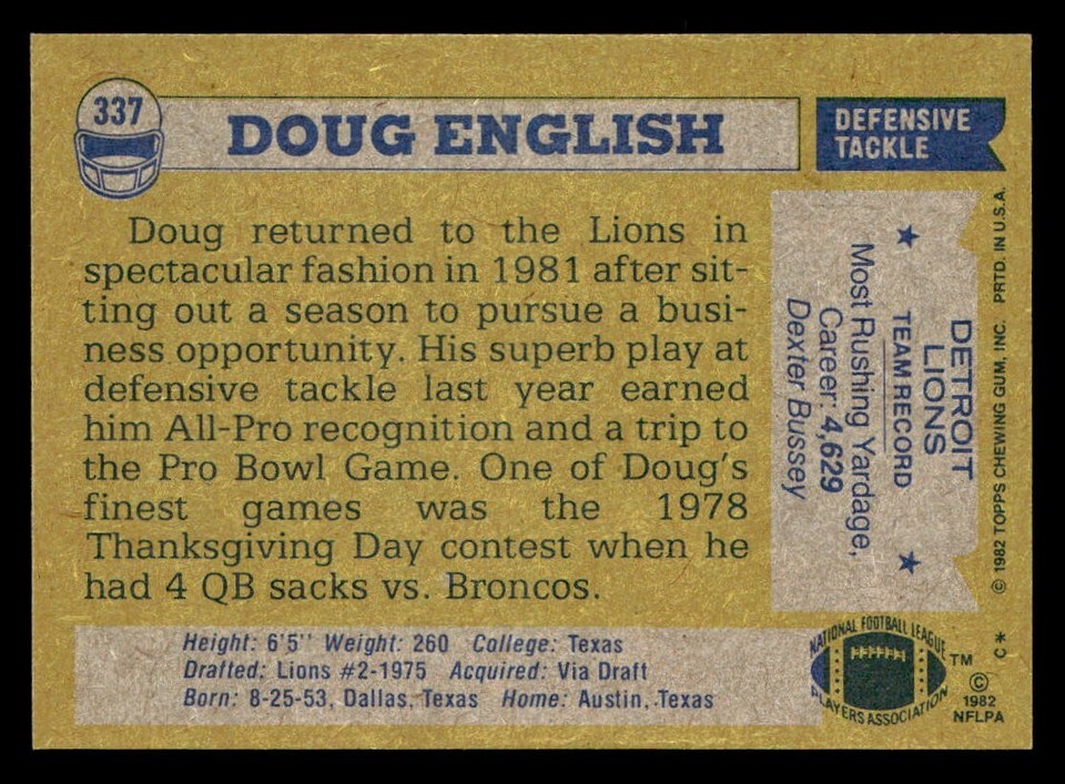 Doug English 1982 Topps All Pro Card #337 Detroit Lions | eBay