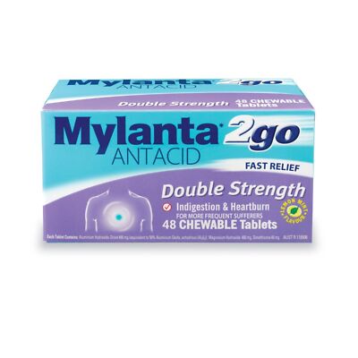 MYLANTA 2GO D/SGTH CHEW TAB 48 ANTACID TABLETS DOUBLE STRENGTH BLISTER ...